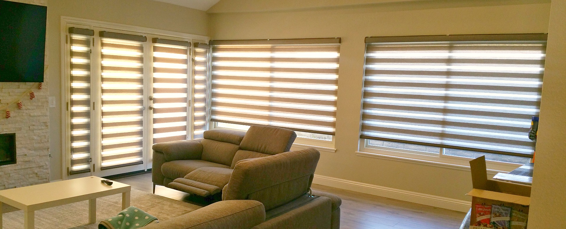 2 tone brown combi shade in family room 2 – Korner Stone Blinds & Shutters