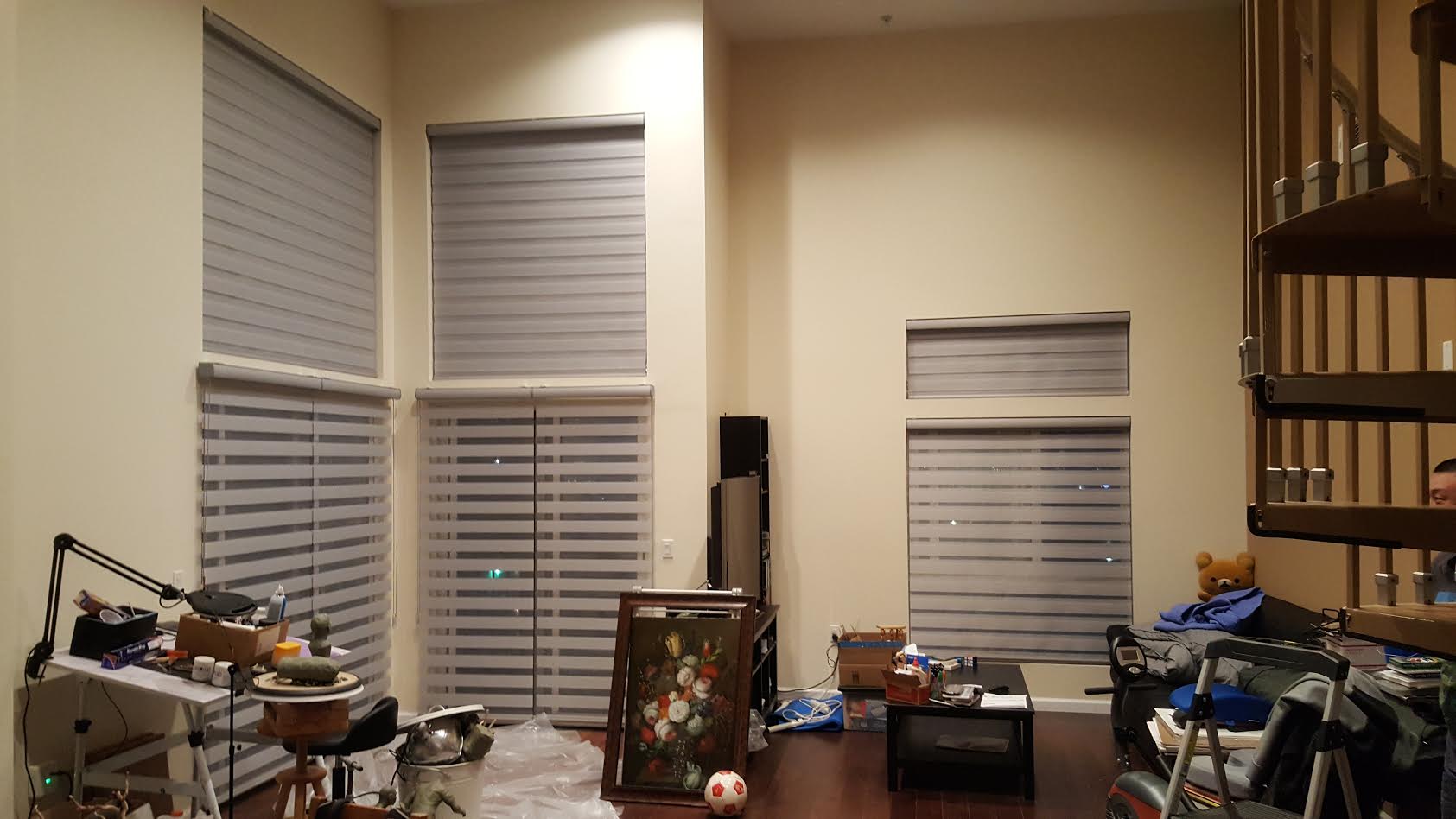 HIGH WINDOW INSTALL -Gray Combi Shade – Korner Stone Blinds & Shutters